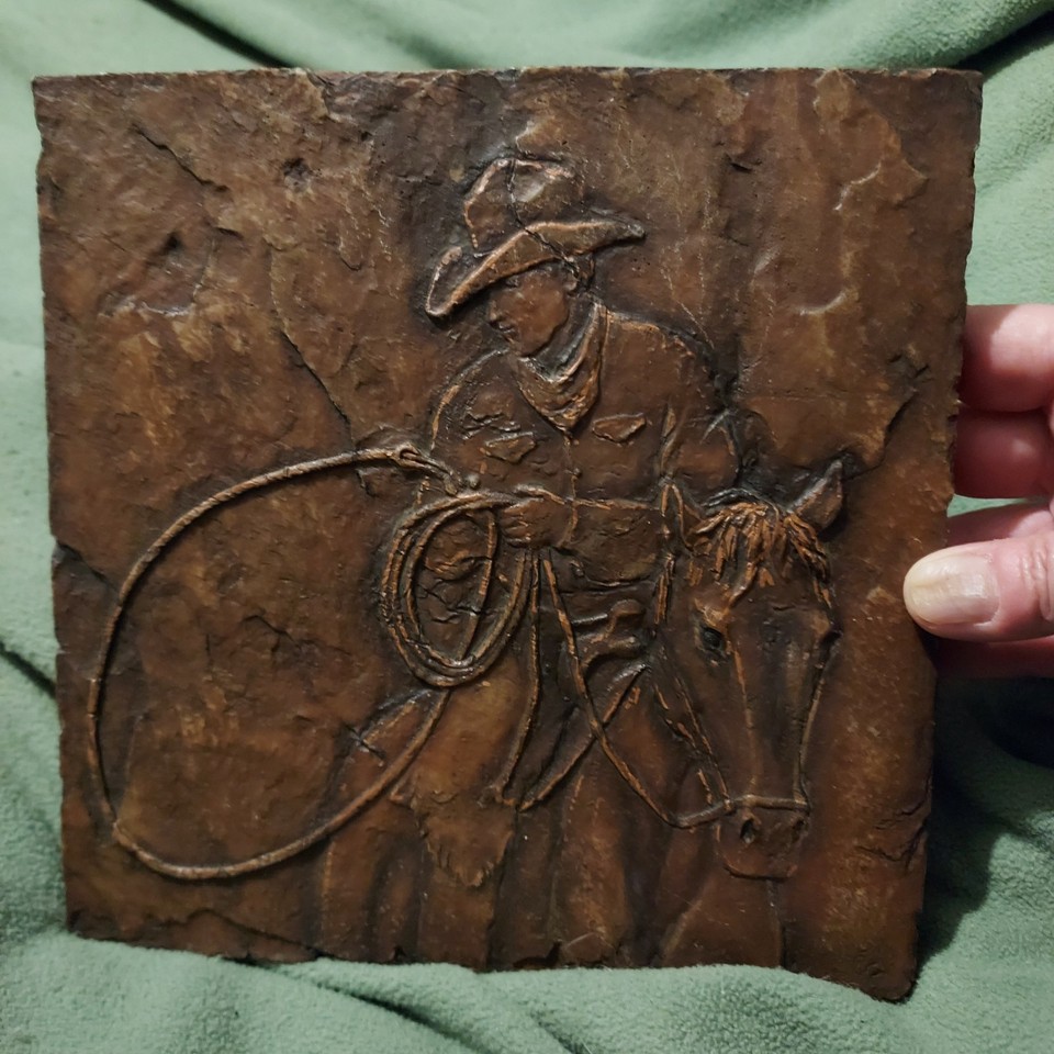 Vintage Western Horse & Rider Plaque Slate-Look Wall Tile, Rodeo ...