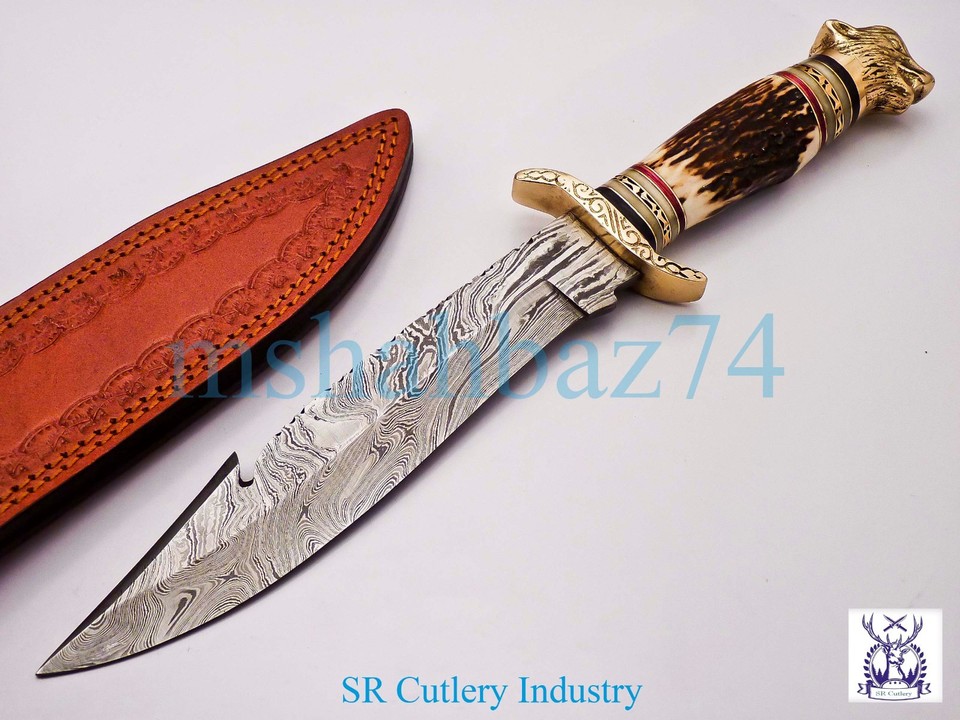 BEAUTIFUL WOLF CUSTOM HAND MADE DAMASCUS STEEL HUNTING SWORD KNIFE ...