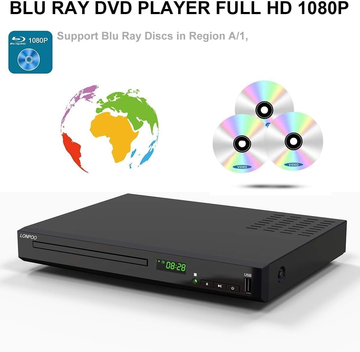 Multi-Region Blu-Ray Player with Surround Sound - HDMI & AV Cables ...