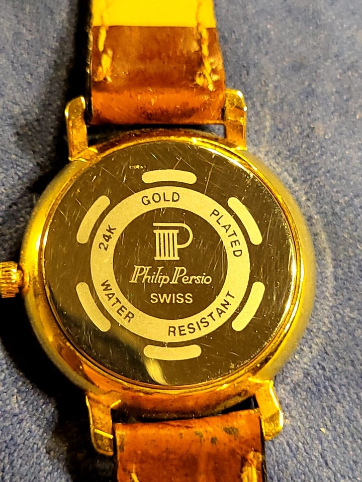 Philip Persio 24 kt gold plated ladies vintage watch. w/leather strap ...