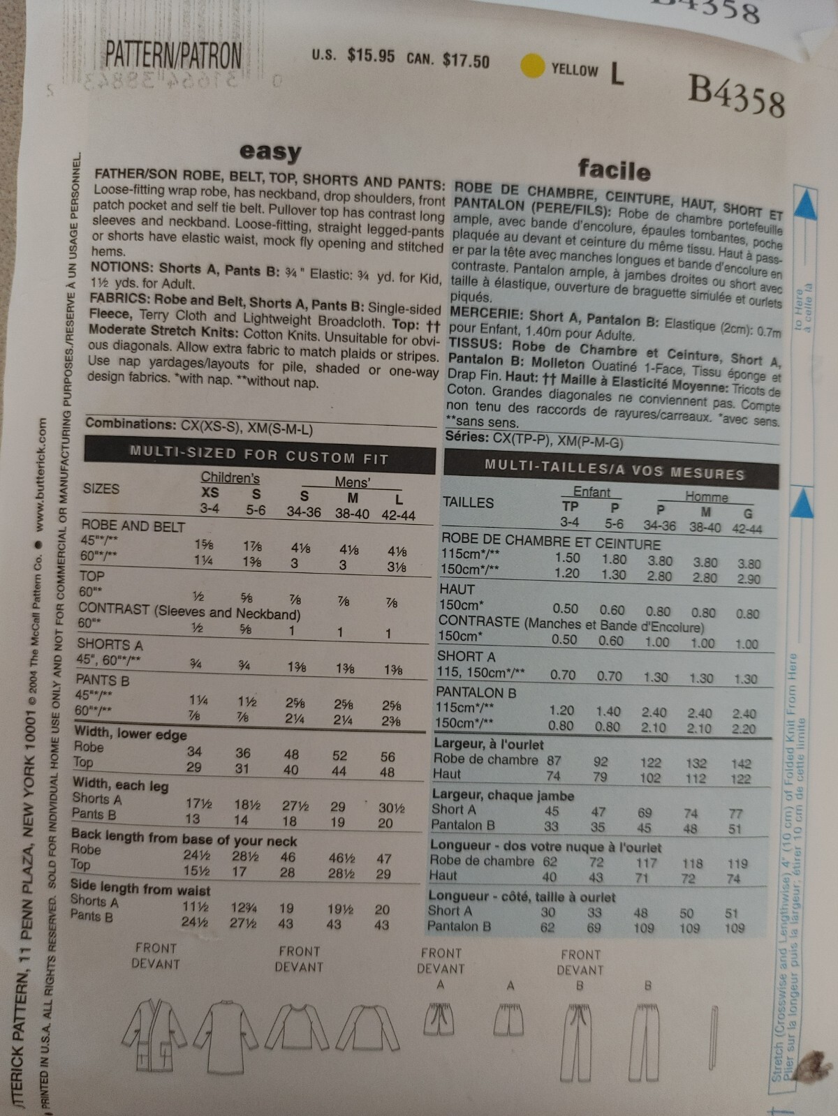 Butterick Pattern B4358 Mens' Pajamas Pants Shorts Tops Robes Sizes S M ...