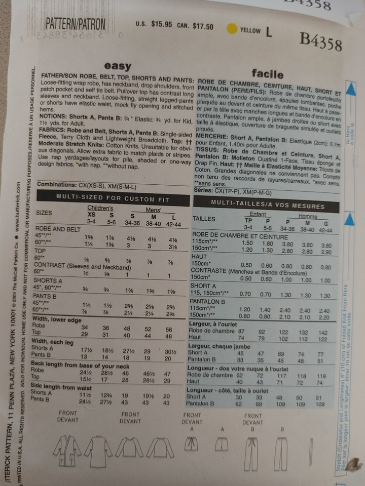 Butterick Pattern B4358 Mens' Pajamas Pants Shorts Tops Robes Sizes S M ...