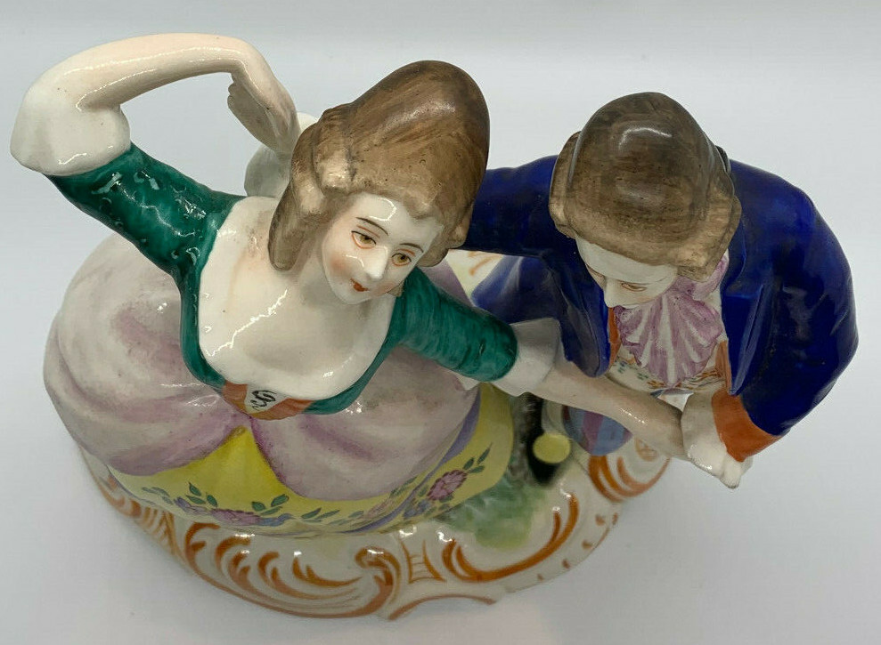 Antique Woman Man Dancing Figurine Early Glazed Porcelain Blue Yellow ...