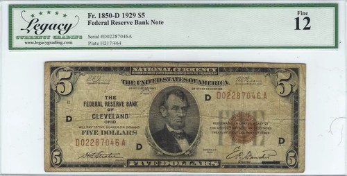 $5 1929 Small Federal Reserve Bank Note Cleveland 1850-D Legacy 12 | eBay