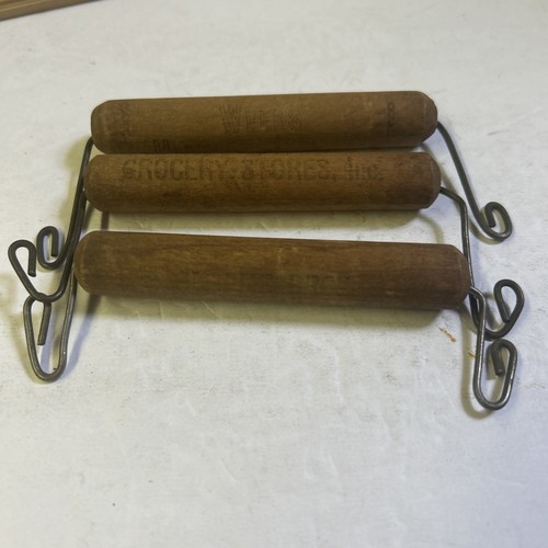 3 VINTAGE Wood and Wire HANDLES HOLDERS for Package Bag Carriers | eBay