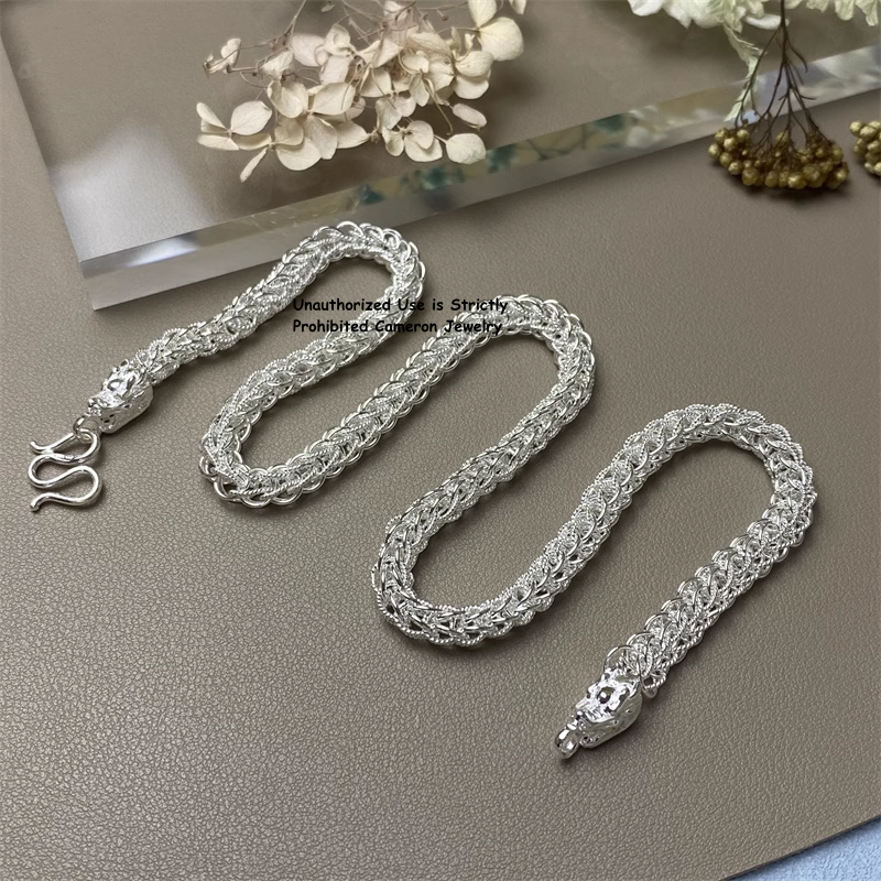 Solid S999 Fine Silver 999 Chain 10mm Dragon Double Wheat Link Necklace ...