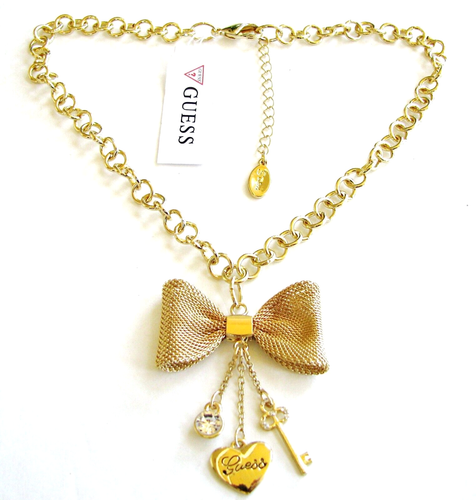 NEW GOLD TONE GUESS CHAIN LINK NECKLACE MESH BOW HANGING PENDANTS | eBay