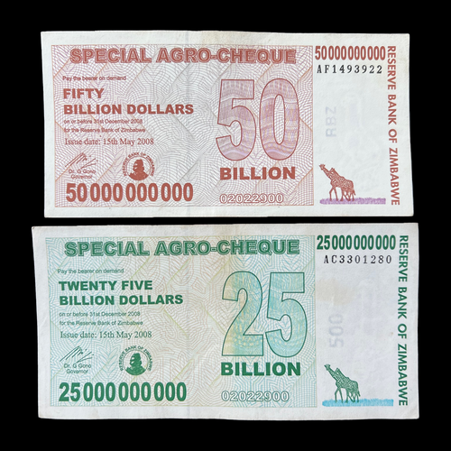 Zimbabwe 50 & 25 Billion Dollar Special Agro Cheques Bills Banknotes ...