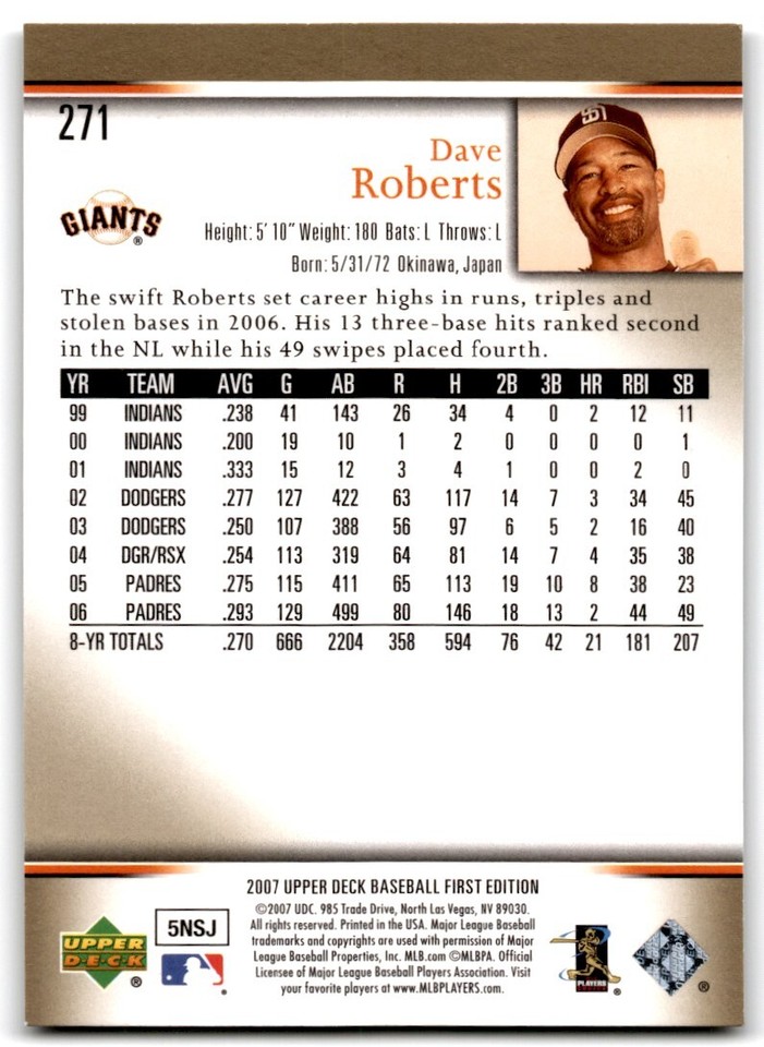 2007 Upper Deck First Edition Dave Roberts Baseball Cards #271 | eBay