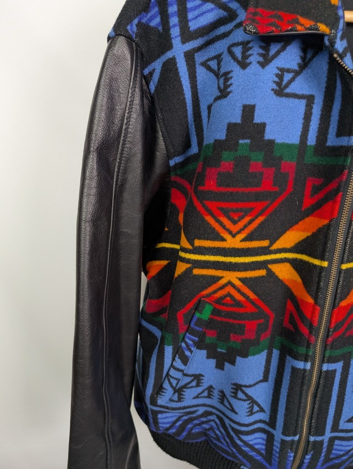 PENDLETON Western Southwest Aztec Leather Sleeves Bomber Jacket Sz XL ...