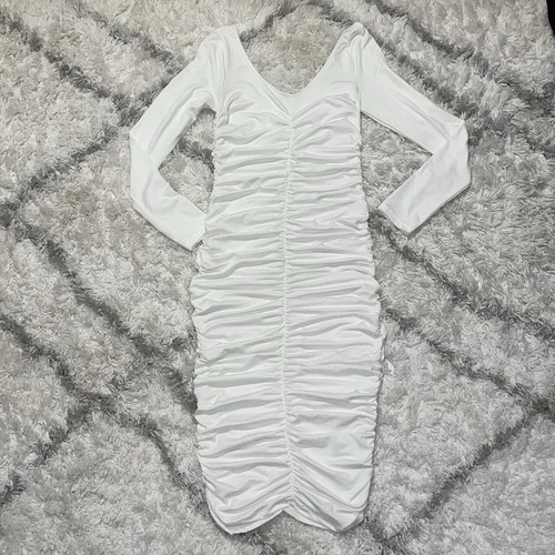 White dress midi length rushed detail front and back vneck long sleeve ...