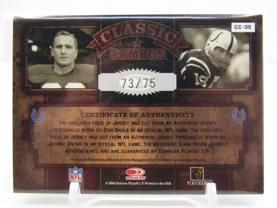 DON SHULA/ JOHNNY UNITAS 2004 DONRUSS CLASSICS DUAL GAME WORN! #73/75 ...