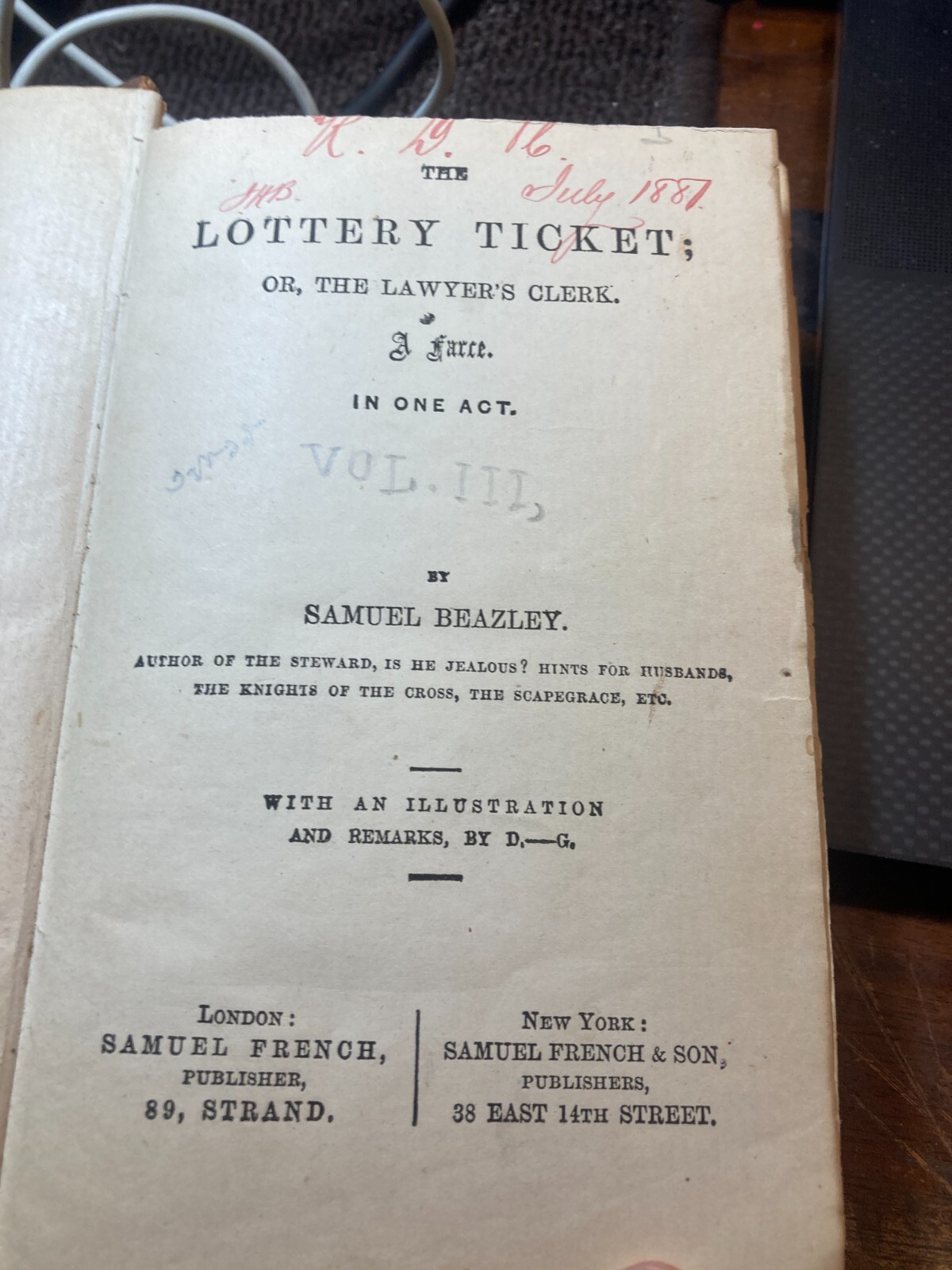 Plays, Vol 3 - includes The Lottery Ticket by Samuel Beazley HC 1840's ...