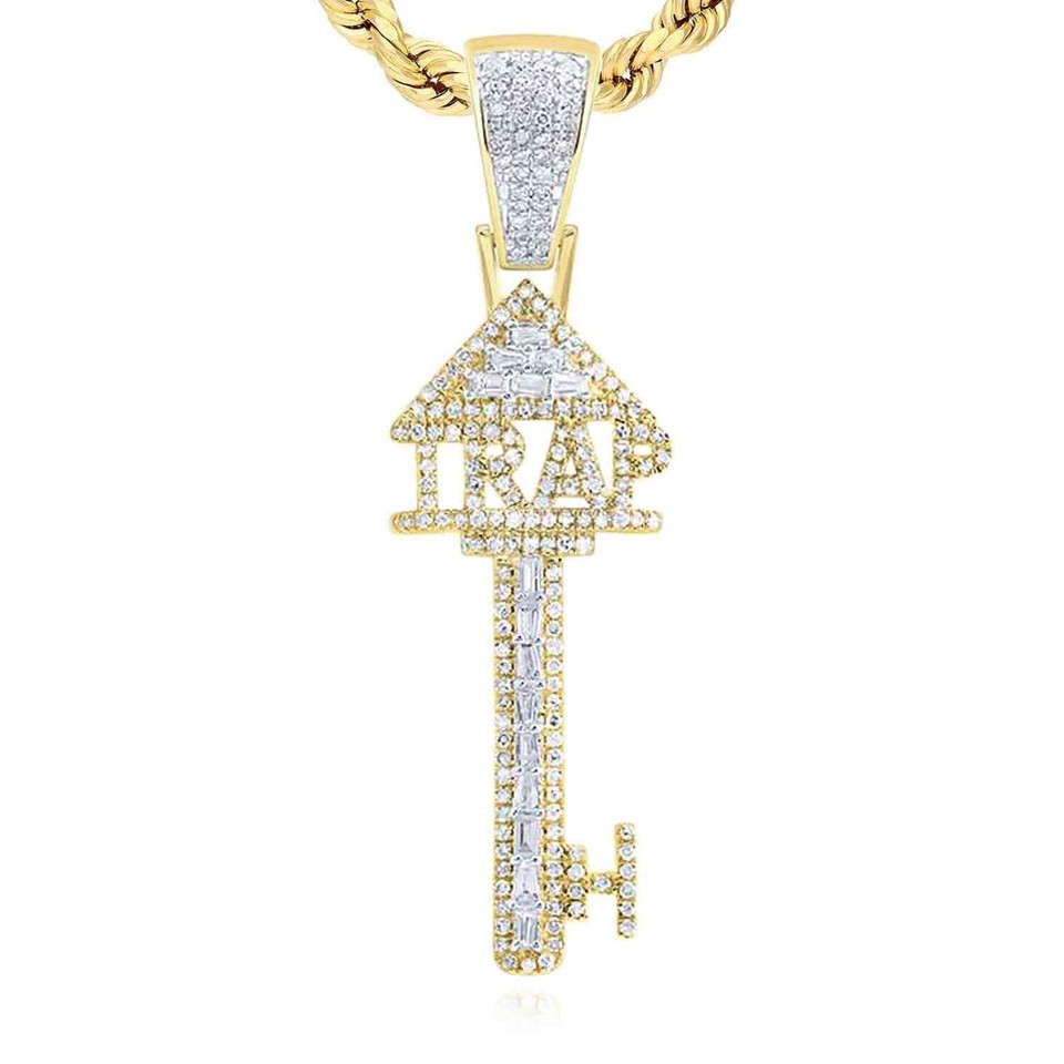 0.75CTW Real Diamond 10K Yellow Gold Trap Key Pendant 1.9" | eBay