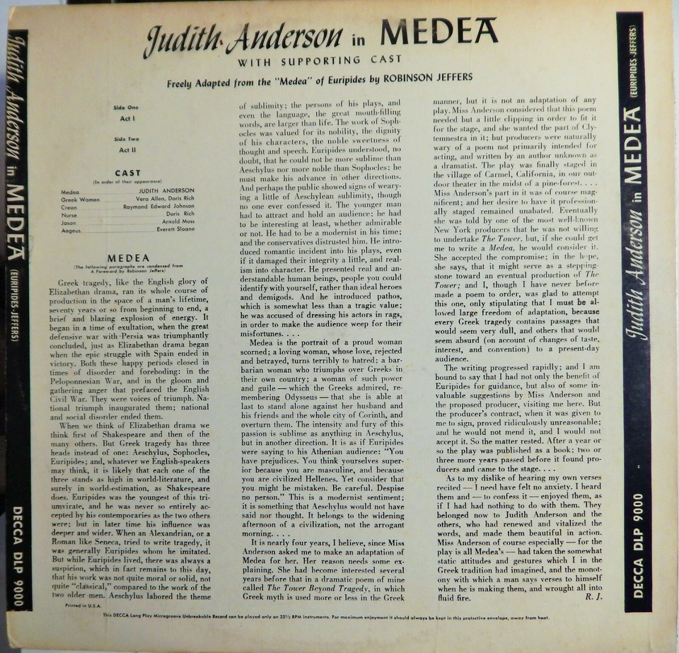 MEDEA (1950S) STUDIO CAST LP, JUDITH ANDERSON, VERA ALLEN, DORIS RICH ...