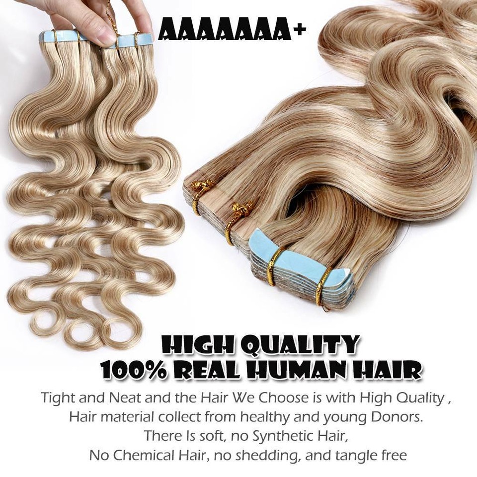 Thick Wave Tape In Skin Weft Remy Human Hair Extensions Full Head 10/20 ...