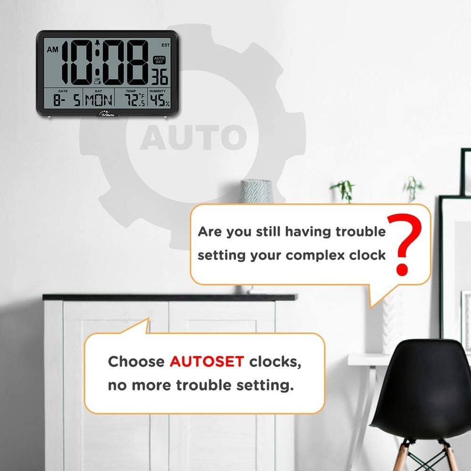 Auto Set Digital Wall Clock Battery Operated Desk Alarm Clock with ...