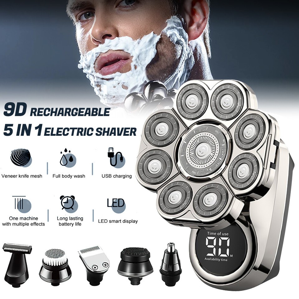 9D Detachable Head Shavers 5-in-1 Electric Razor for Bald Men Wet/Dry ...