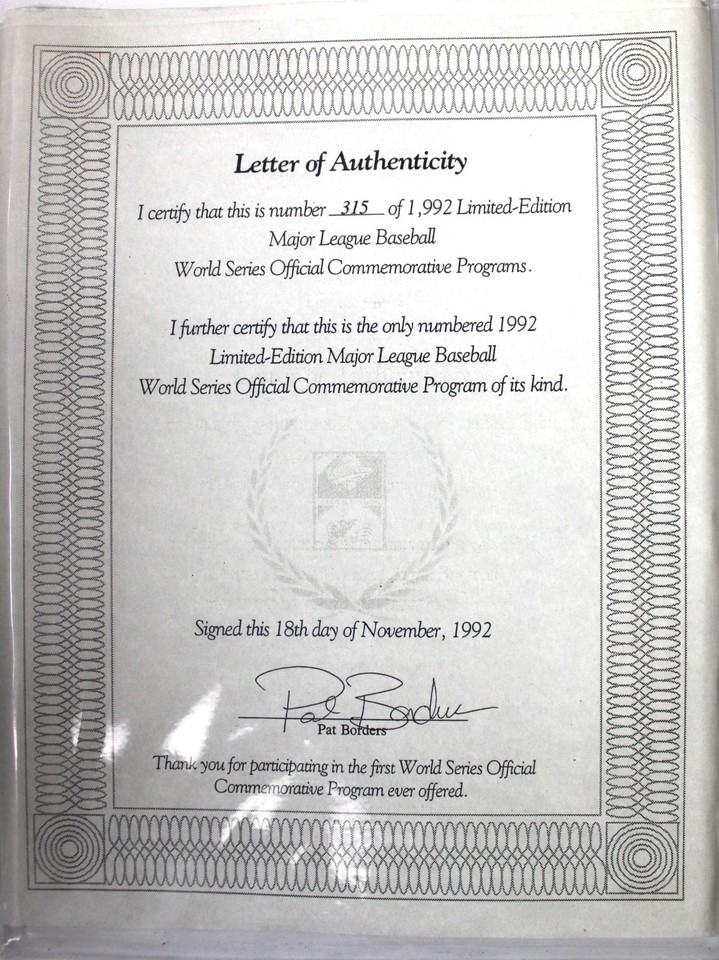 1992 World Series World Champions Toronto Blue Jays Program Signed Pat ...