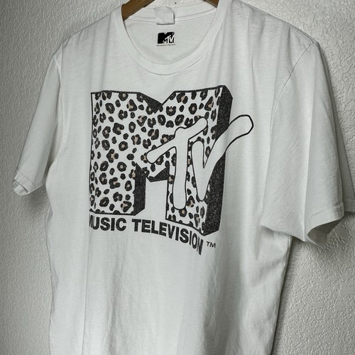 MTV Music Television Leopard Print Logo Graphic T-Shirt White Women's ...