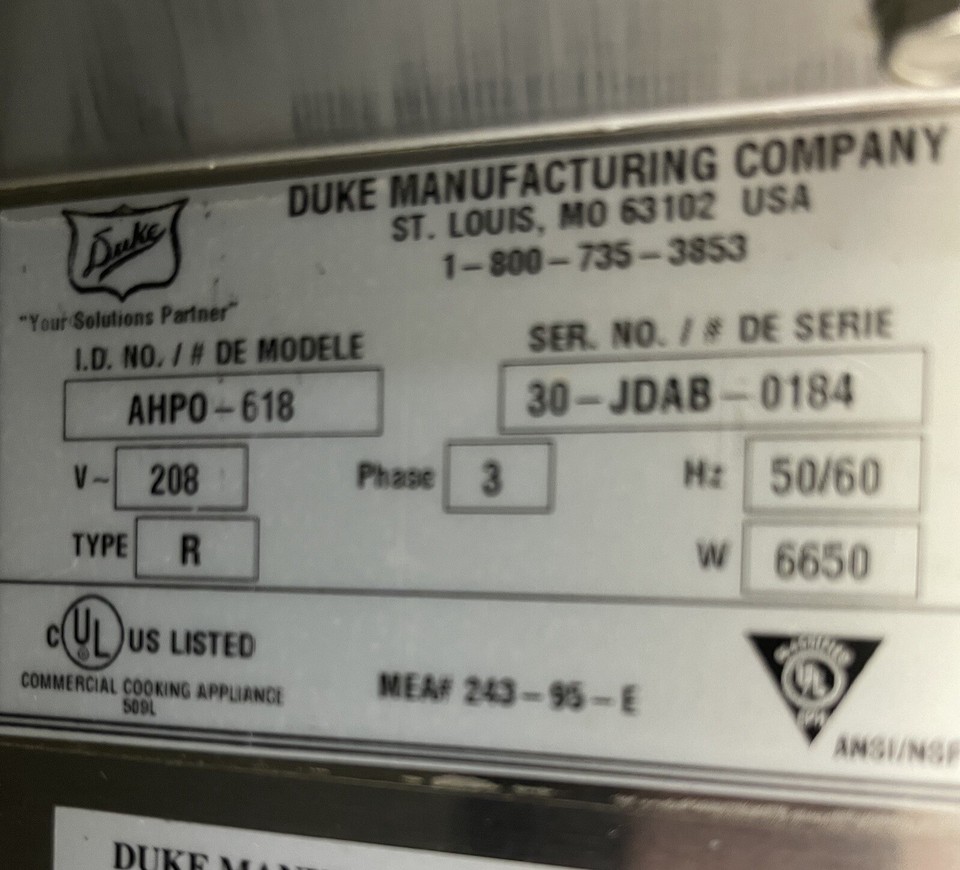DUKE AHPO-618 PROOFER/CONVECTION OVEN 208V 3 Phase | eBay