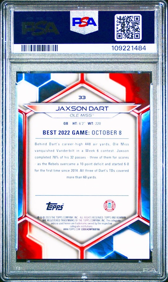2023 Bowman University Best Jaxson Dart RC Red Refractor /10 SSP PSA 9 ...