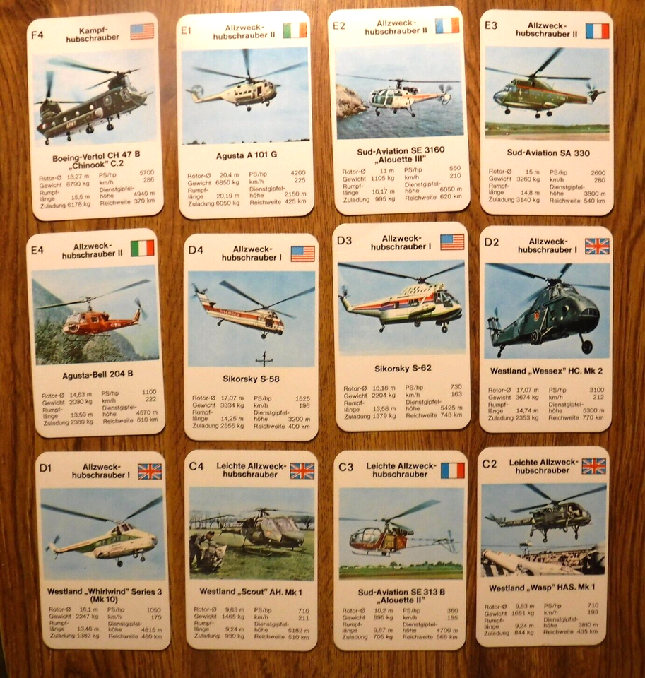 VINTAGE GERMAN HELICOPTER RACER QUARTETT CARD GAME #713 ALL CARDS ...