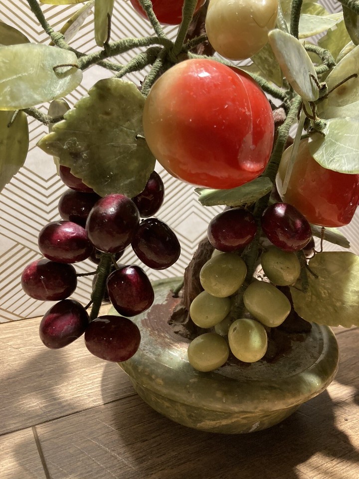 Vintage Chinese Jade Stone Fruit Sculpture Grape Tree Bonsai Agate MCM ...