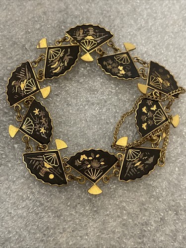 Amita Japan Vintage Fan Damascene Gold Tone Bracelet Reverse Side ...
