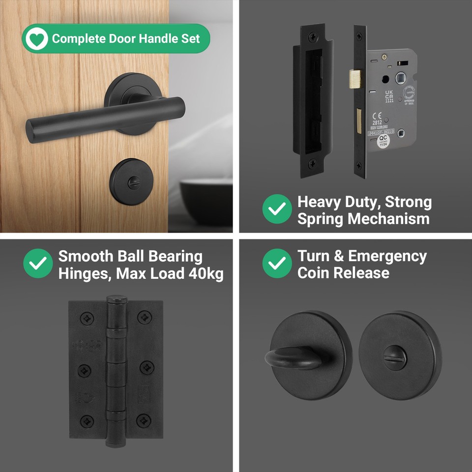 Black Internal Door Handle & Lock T-Bar - Bathroom, Latch & Lock With 4 ...