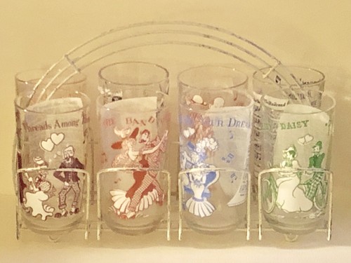Antique 1950s Music Lyric 8 Drinking Glass Glasses Set In Carrying ...