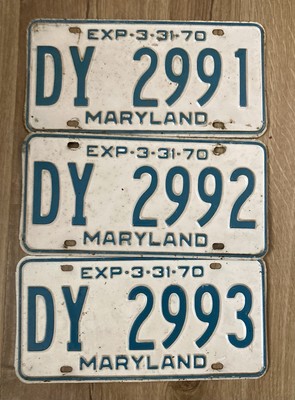 Lot 3 Maryland License Plates In Sequence Vintage 1970 DY 2991 2992 ...