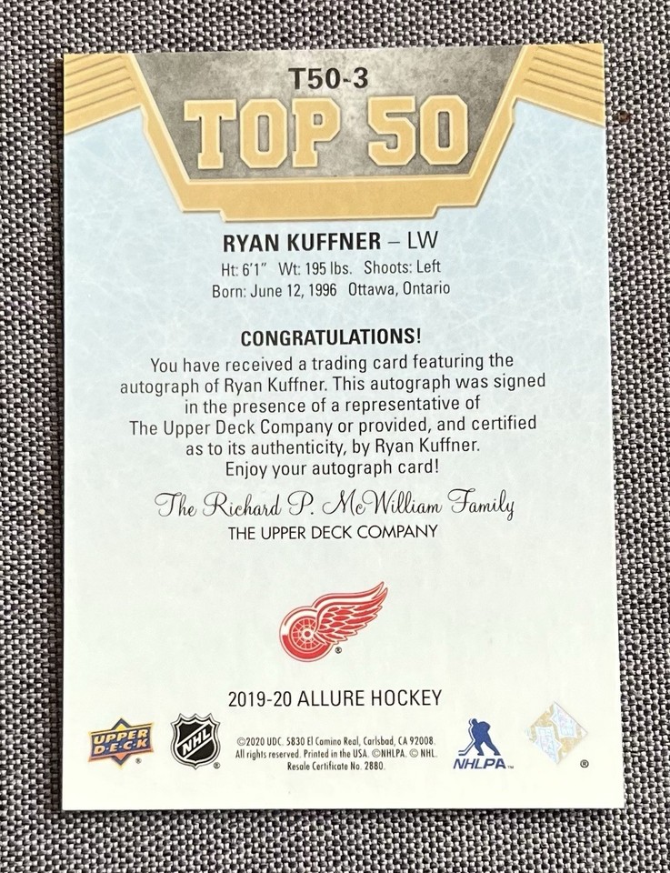 2019-20 Allure Hockey Ryan Kuffner Top 50 Autograph Detroit Red Wings ...