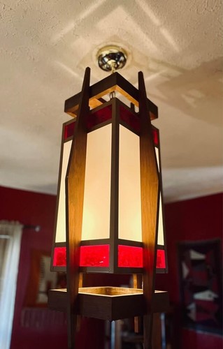 MCM Danish Modern Large Wood Brass Red White Hanging Ceiling Lamp Light ...