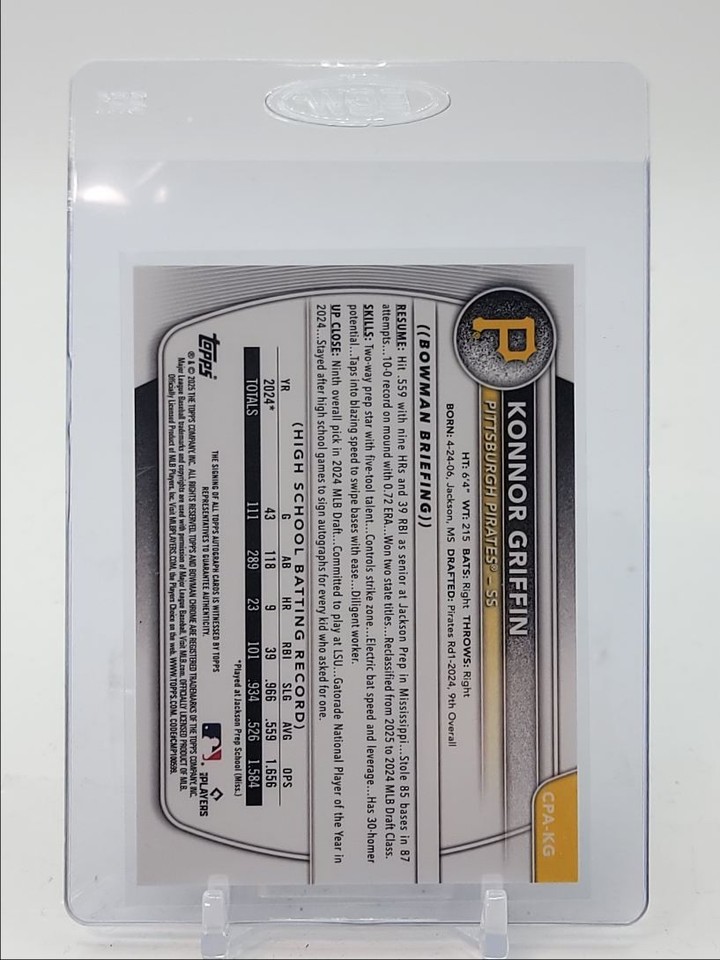 KONNOR GRIFFIN 2025 BOWMAN CHROME AUTOGRAPH BASEBALL PIRATES AUTO Q4271 ...