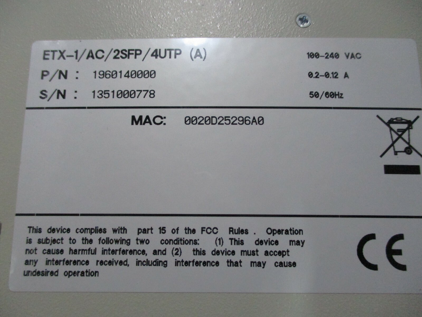 RAD ETX-1 ETX-1/AC/2SFP/4UTP (A) 1960140000 Ethernet Demarcation Switch ...