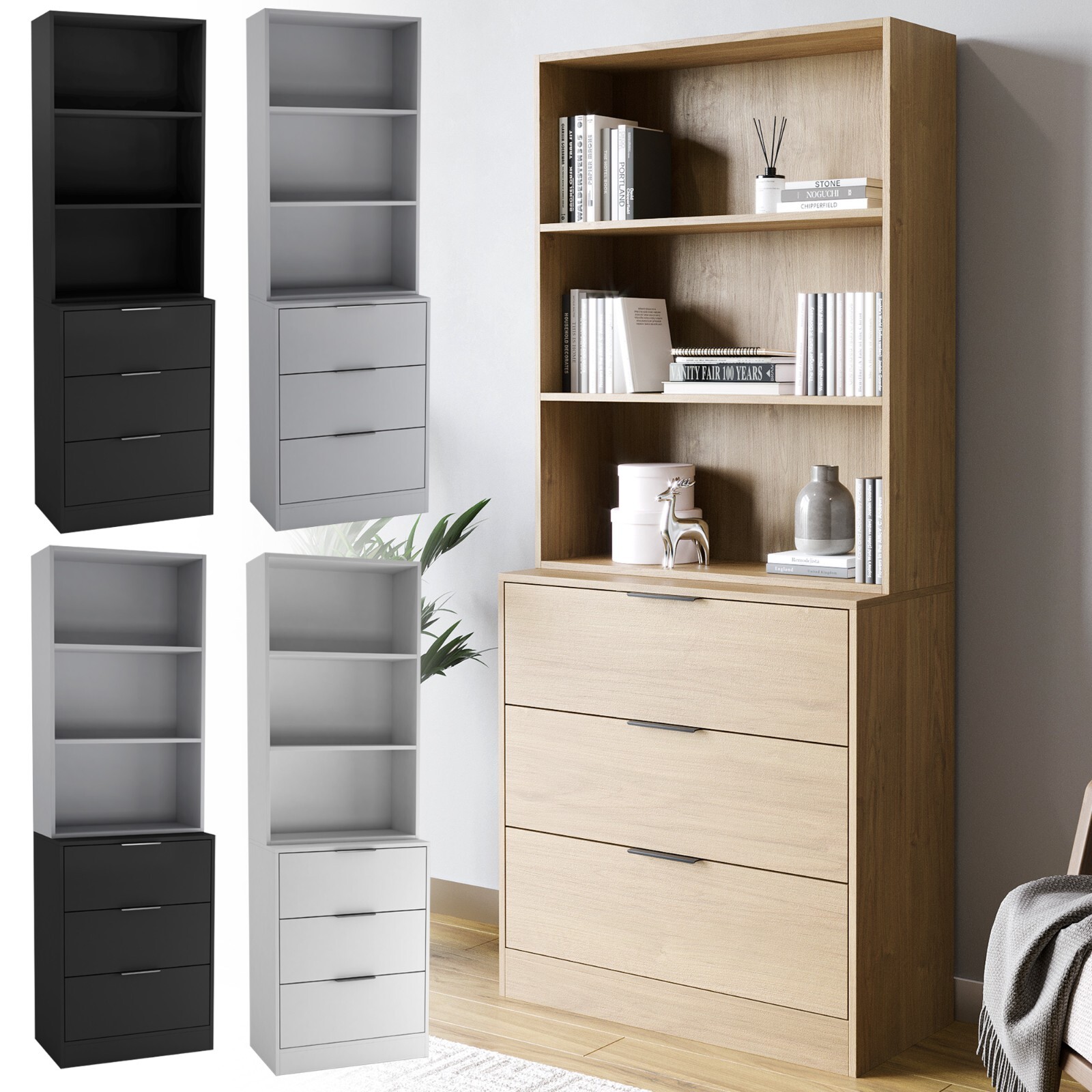 60/80cm 3 Drawer Tier Wooden Storage Chest Cabinet & Display Bookcase ...