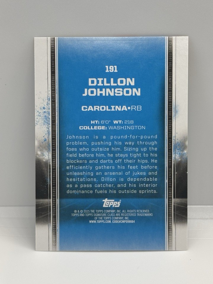 2024 Topps Signature Class Football #191 Dillon Johnson RC Red & Yellow ...