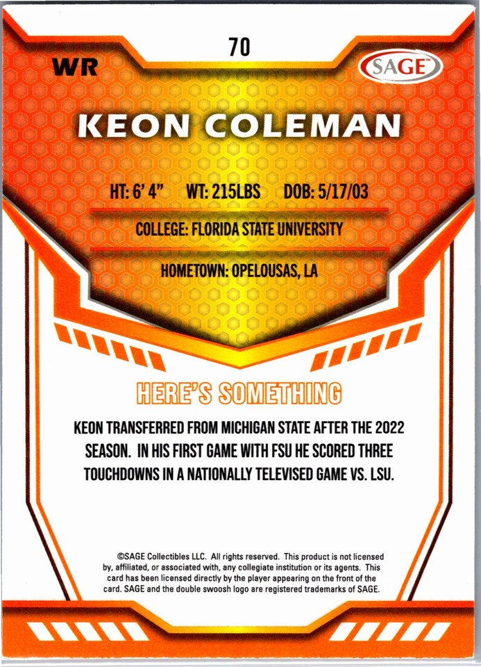 2024 SAGE HIT #70 Keon Coleman Silver Buffalo Bills RC 🏈 | eBay