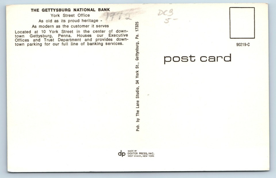Vintage Postcard Gettysburg National Bank York Street Office ...