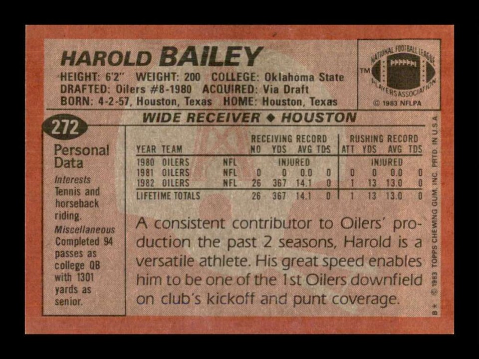 1983 Topps Harold Bailey #272 Houston Oilers | eBay
