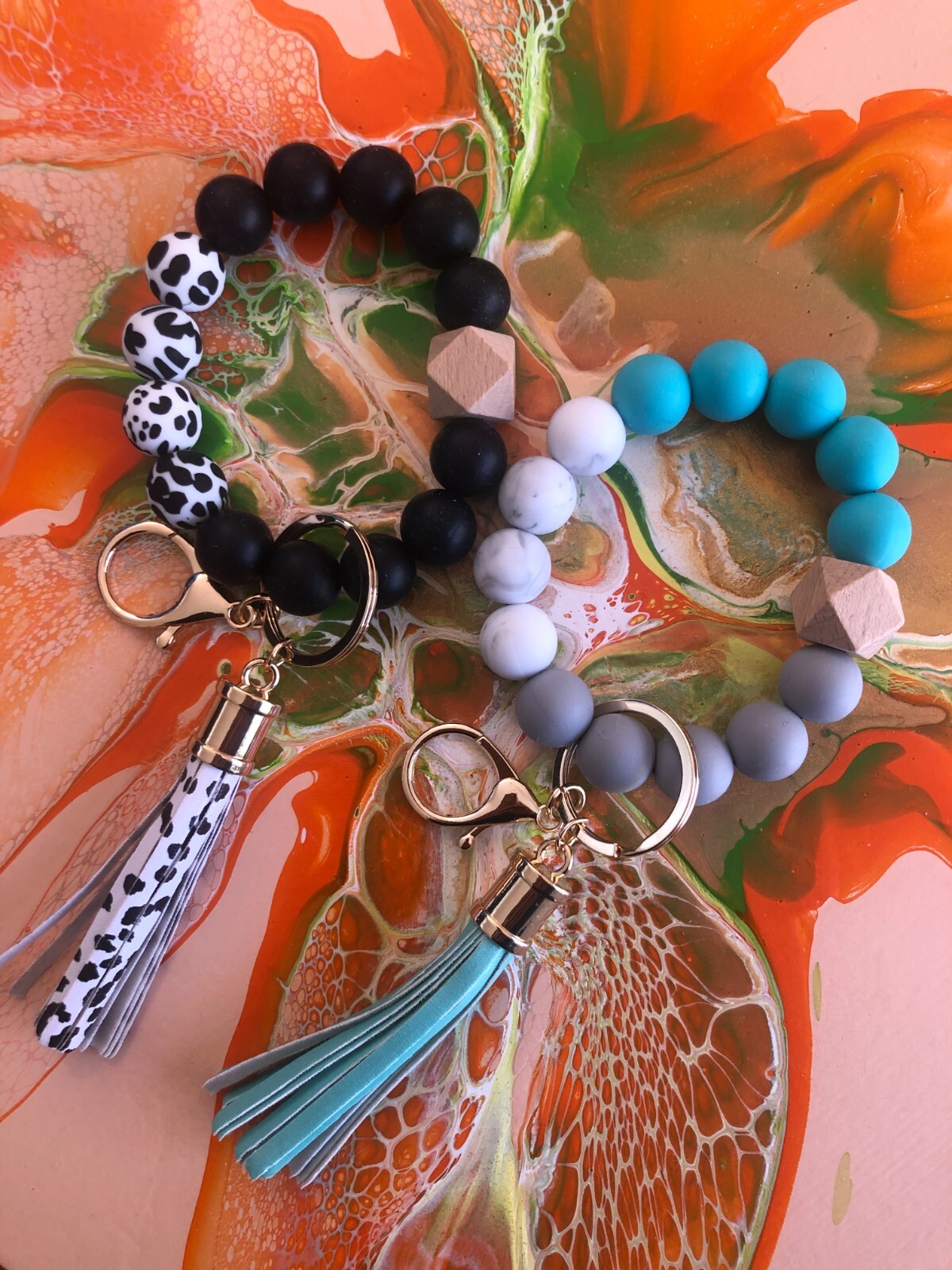 Silicone Beaded Key Ring Bracelet Tassels Wristlet Keychain Bangle | eBay