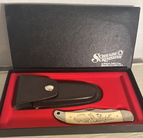 Schrade Scrimshaw SC-508 Knife w Sheath and Papers Bear Scene on Handle See Pics | eBay