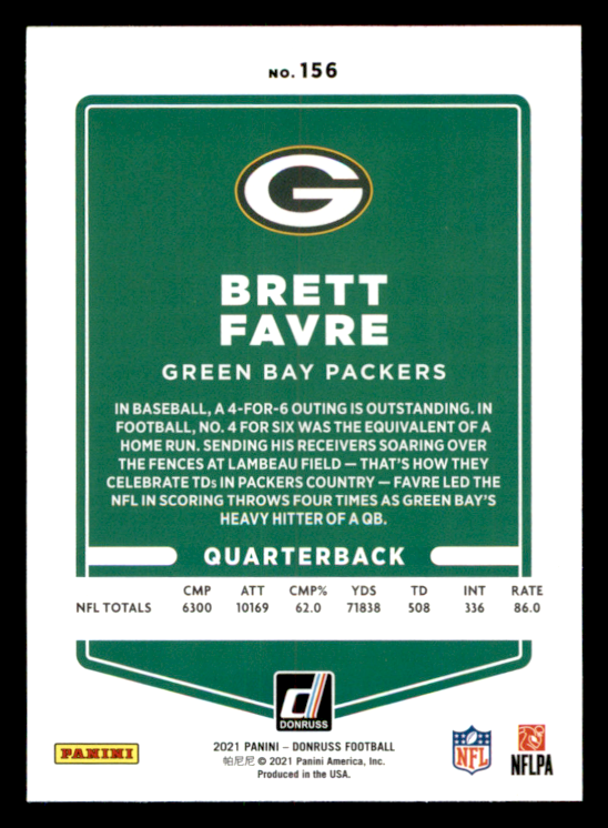 2021 Donruss Brett Favre No Helmet VAR #156b Green Bay Packers | eBay