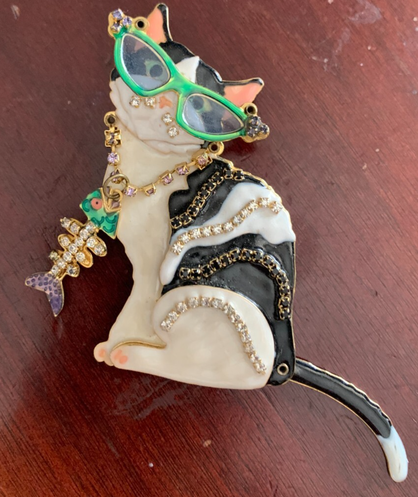 Lunch At the Ritz Black and Cream Cat w/ Fish Bones Rhinestone Brooch ...