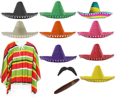 MEXICAN FANCY DRESS COSTUME PONCHO SOMBRERO TASH CIGAR WILD WESTERN ...