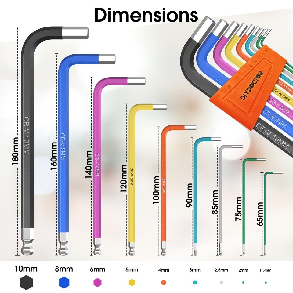 Allen Key Set Hex Metric 9pc Ball End Long Folding Colour Coded Design ...