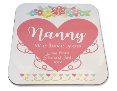 Personalised Printed Coaster Nanny Nan Mum Heart Floral love Birthday ...