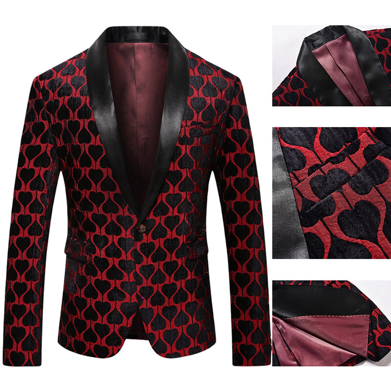 Men Heart Pattern Suit Blazer Coat Dress Jacket Party Stage Showman ...