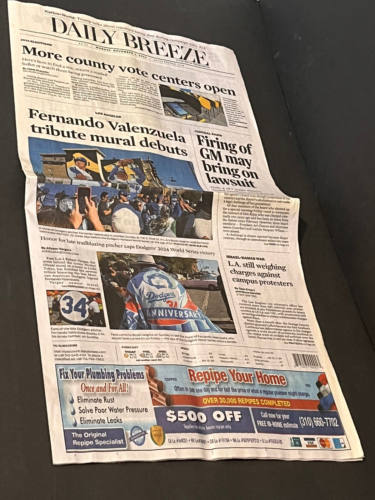 Fernando Valenzuela Dodgers Mural Debut Daily Breeze Newspaper 11/4/24 ...